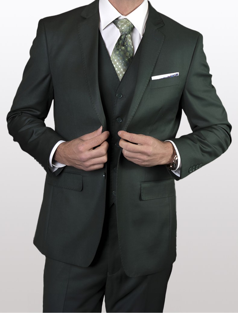Statement Men's Solid Hunter Green 100% Wool Vested Suit (Tailored Fit – Karako Suits
