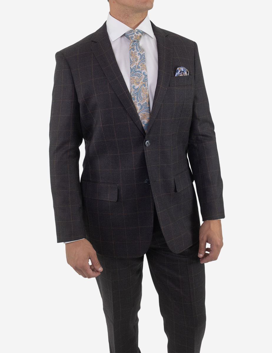 Men's Charcoal with Beige Windowpane Slim Fit Wool Suit – Karako Suits