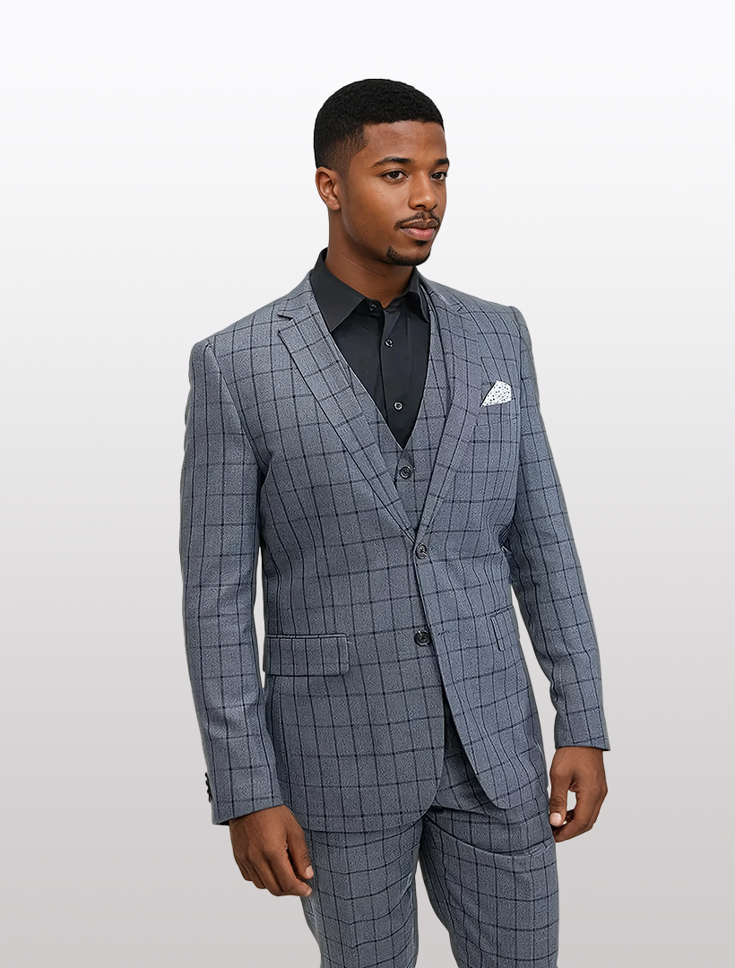FUBU Grey and Black Windowpane Vested Suit – Karako Suits