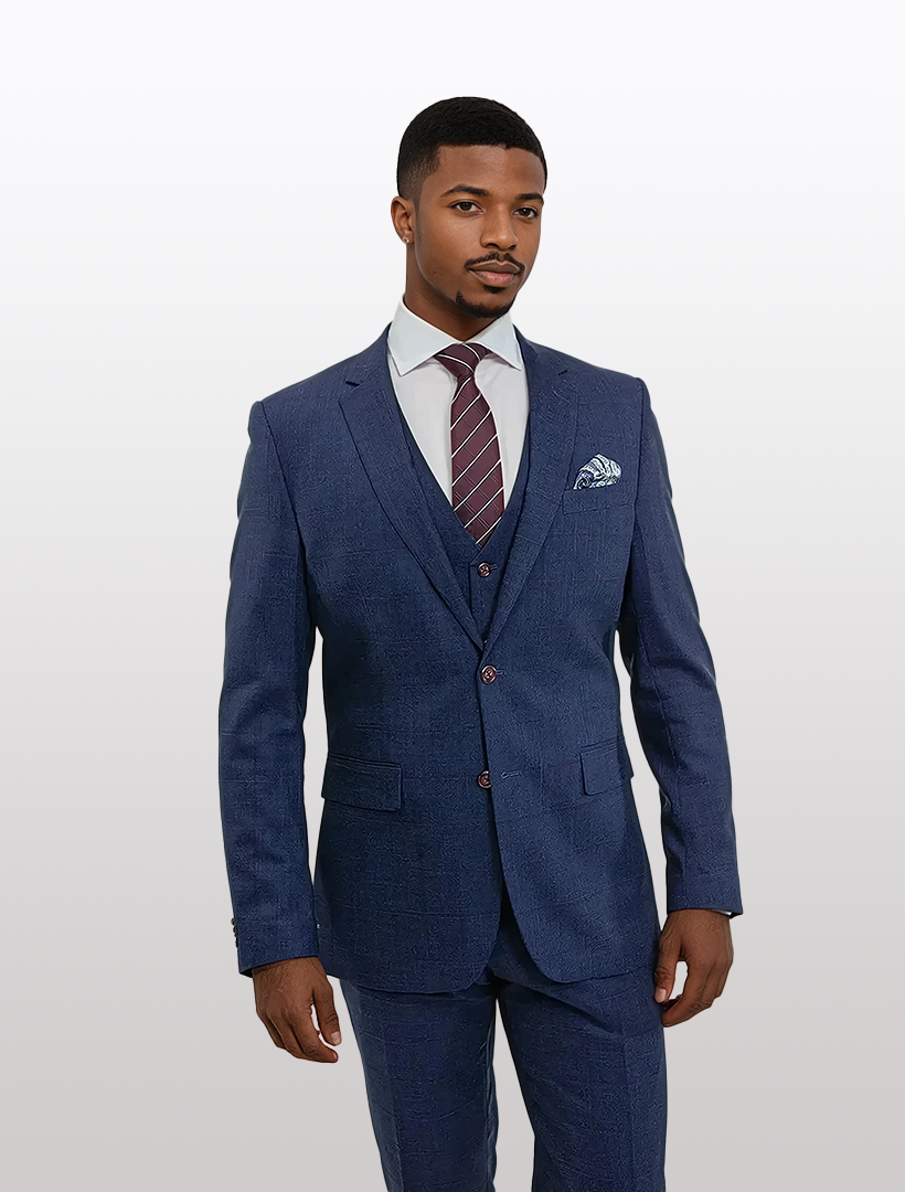 FUBU Blue Crosshatch and Burgundy Windowpane Vested Suit – Karako Suits
