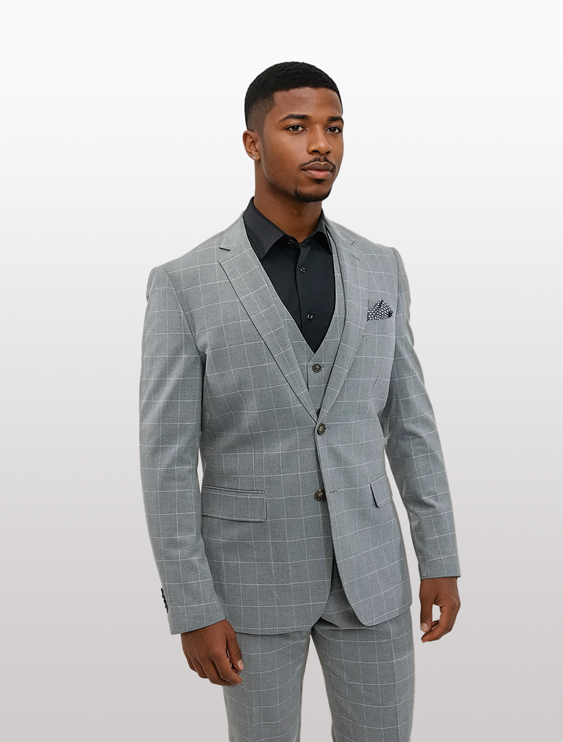 FUBU Light Grey Windowpane Vested Suit – Karako Suits