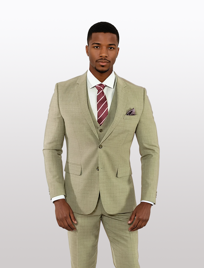 FUBU Beige Solid Vested Suit – Karako Suits