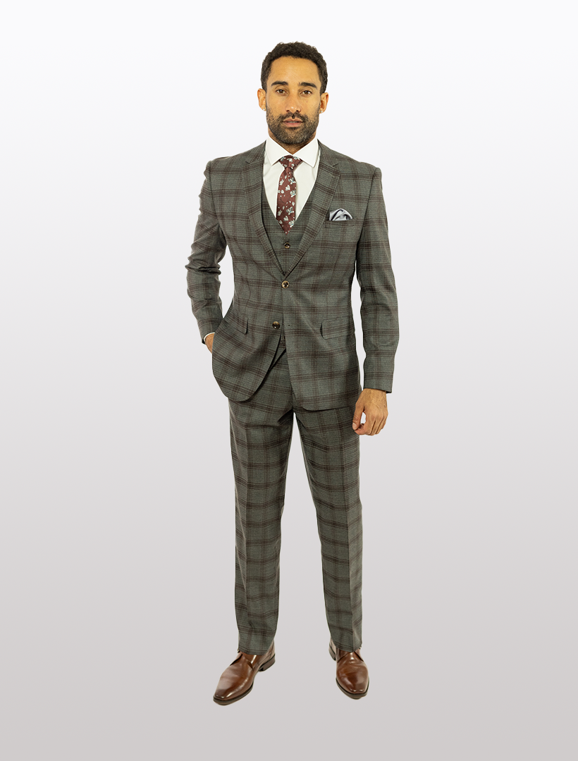 FUBU Charcoal with Brown Plaid Vested Suit – Karako Suits