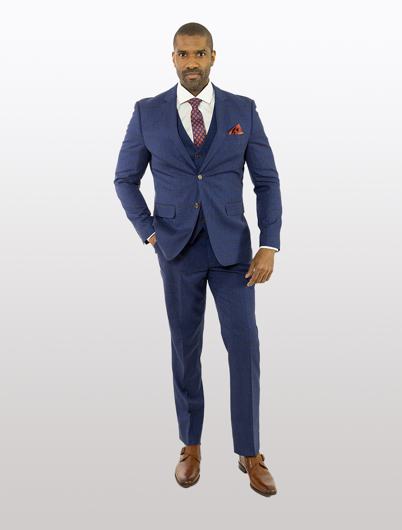 FUBU Navy with Brown Double Windowpane Vested Suit – Karako Suits