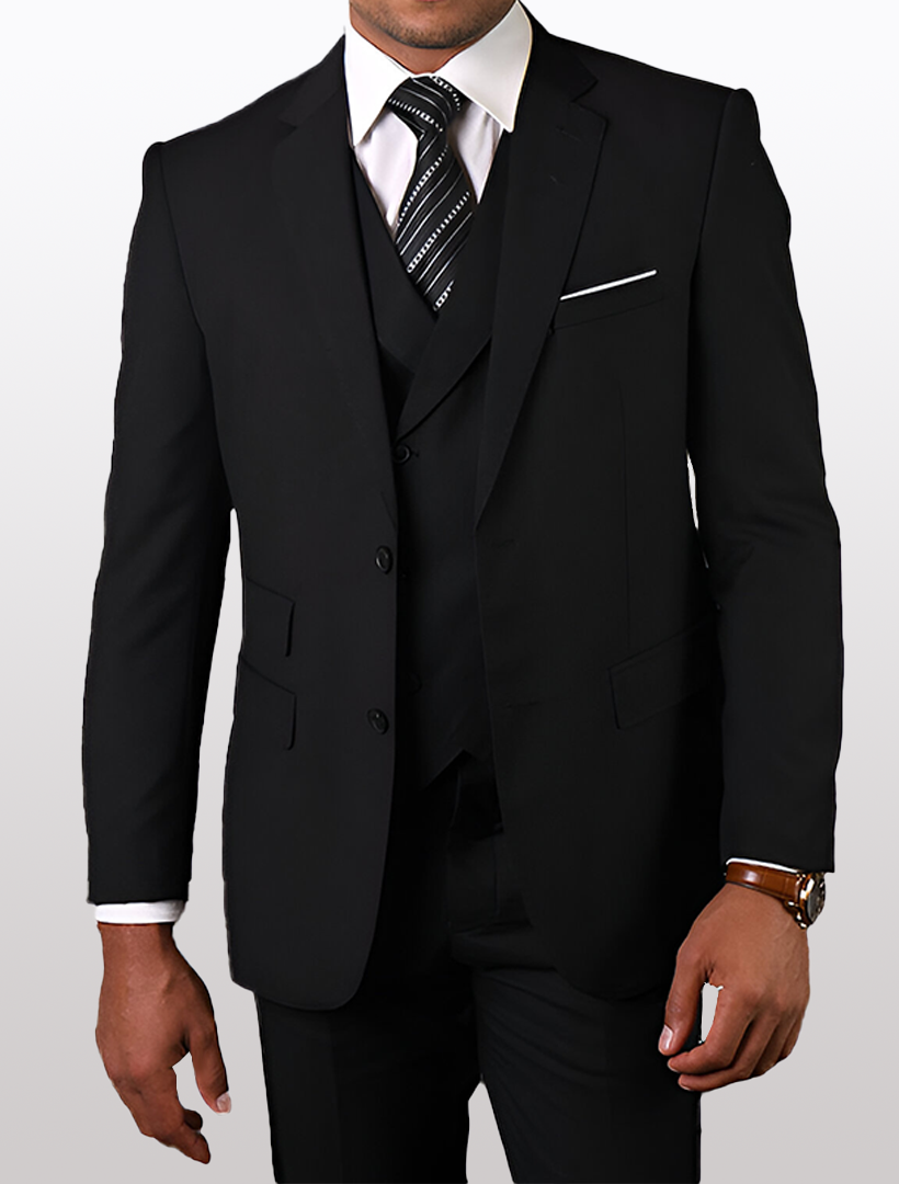 Statement Mens Black Modern Fit 100% Wool Vested Suit – Karako Suits