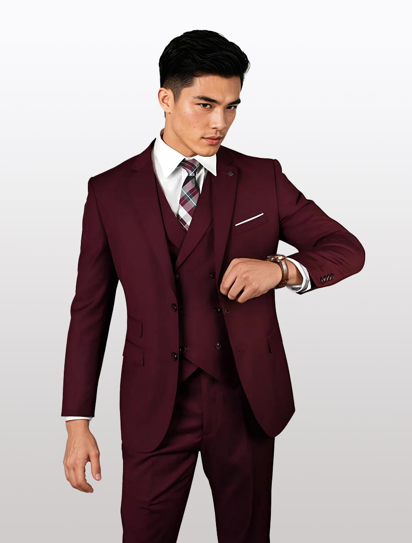 Statement Mens Burgundy Modern Fit 100% Wool Vested Suit – Karako Suits
