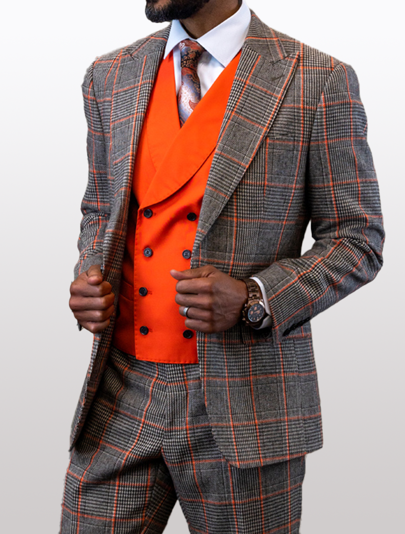 Statement Men's Coral Over Plaid %100 Wool Suit with Double Breasted V ...