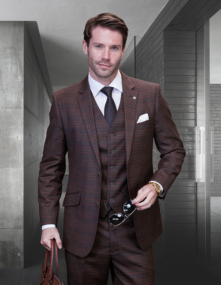 Statement Men's Copper Plaid 100% Wool Vested Suit – Karako Suits