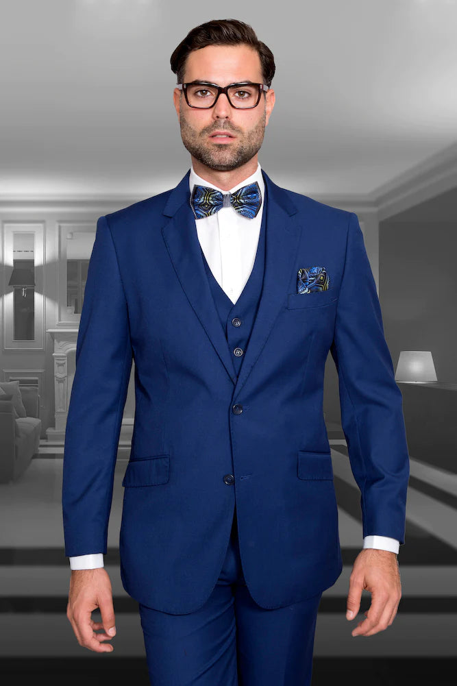 Statement Men's Solid Sapphire Blue Modern Fit 100% Wool Vested Suit ...