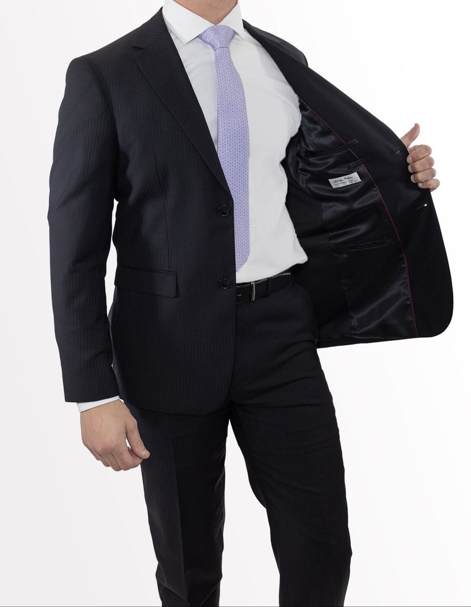 Men's Black Textured Chalk Stripe Wool Slim Fit Suit – Karako Suits