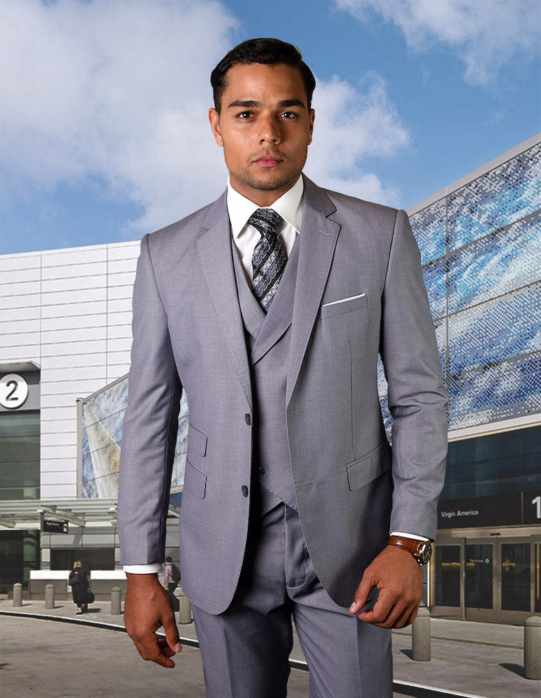 Statement Mens Grey Modern Fit 100% Wool Vested Suit – Karako Suits