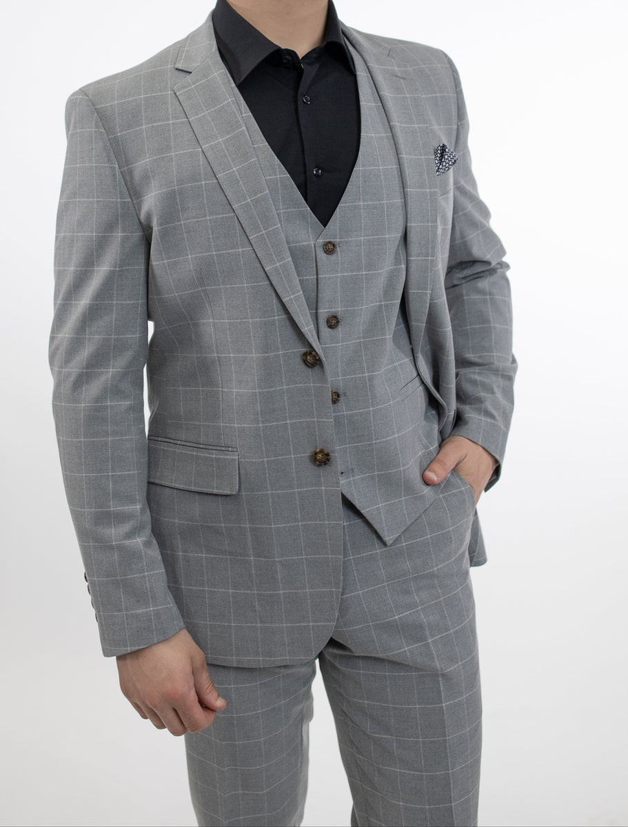 FUBU Light Grey Windowpane Vested Suit – Karako Suits
