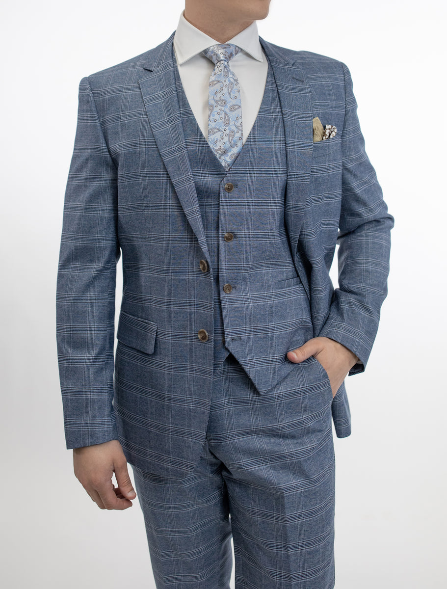 FUBU Light Blue Tartan Check Vested Suit – Karako Suits